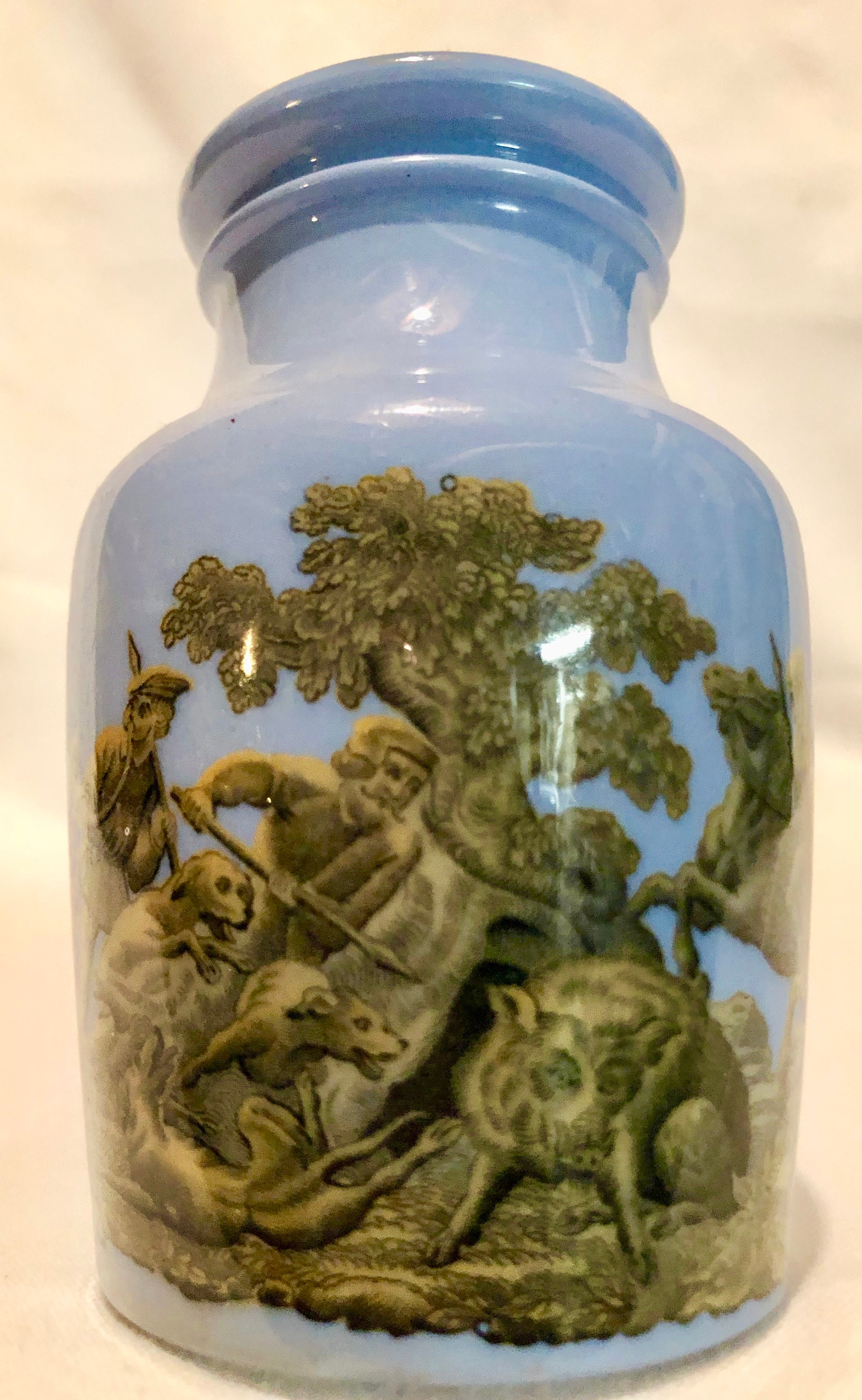 Blue Prattware Potted Meat/Mustard Jar Boar Hunt Scene Circa 1856