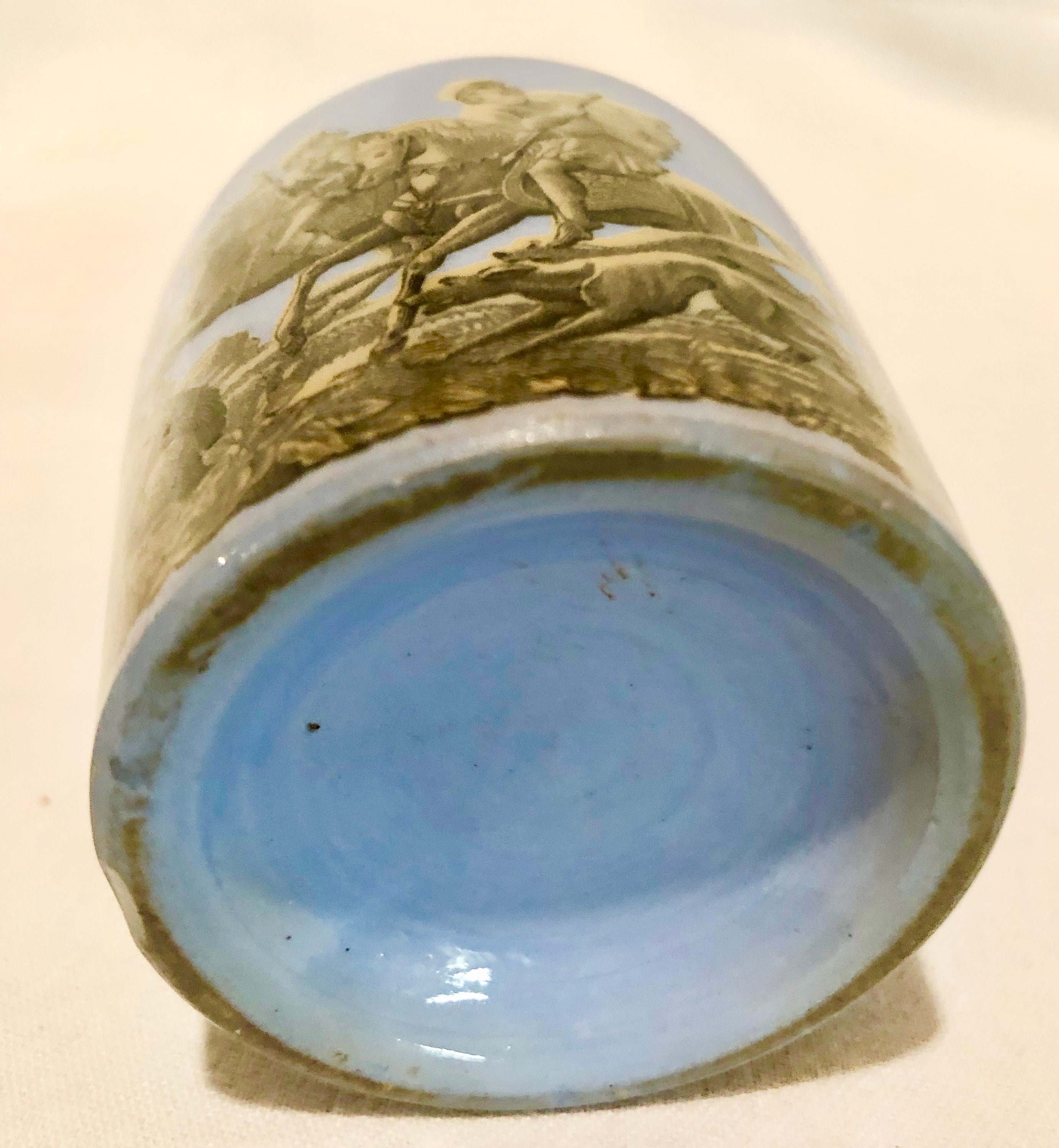 Blue Prattware Potted Meat/Mustard Jar Boar Hunt Scene Circa 1856