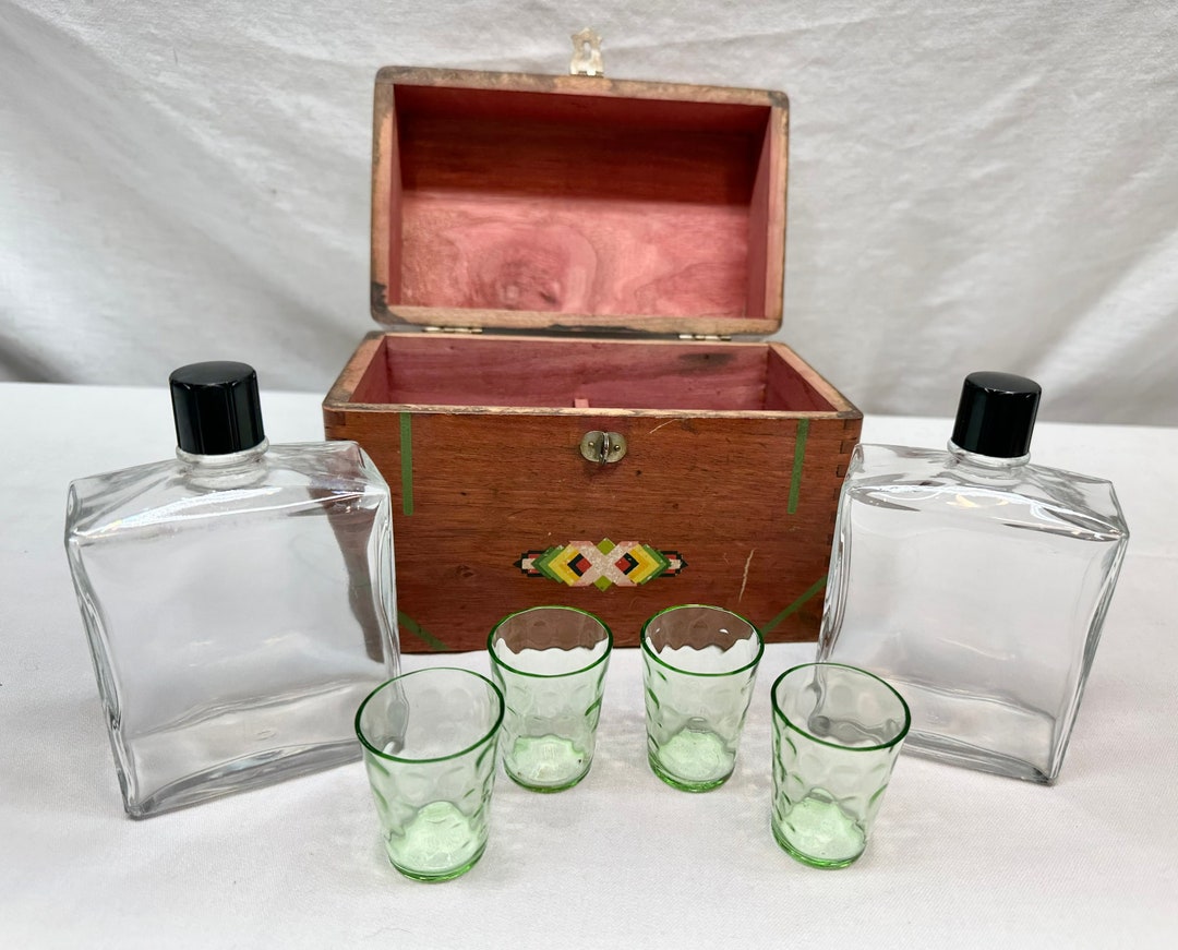 Vintage Clear Glass Travel Flasks-two With Four Clear Green Glass Shot ...