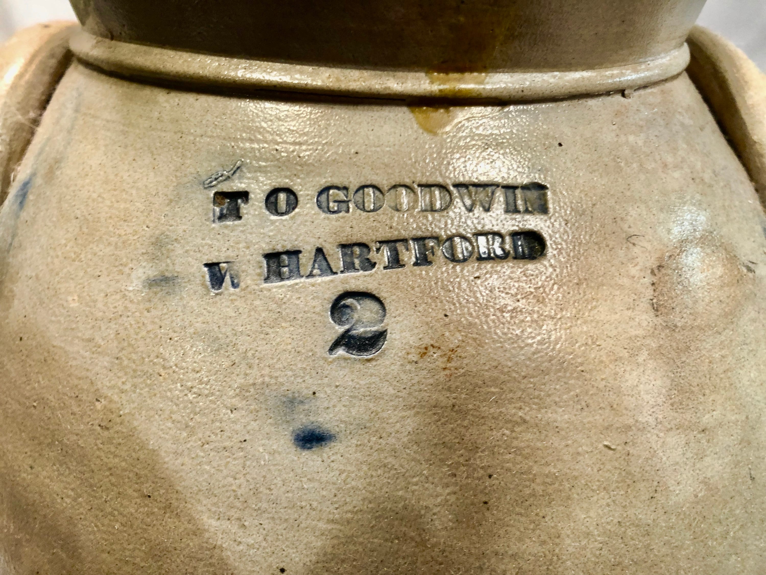 Antique T.O Goodwin 2 Gallon Ovoid Stoneware Crock ,Blue Cobalt Handles