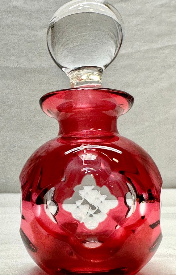 Vintage Perfume Bottle, Red Etched Glass - Gem
