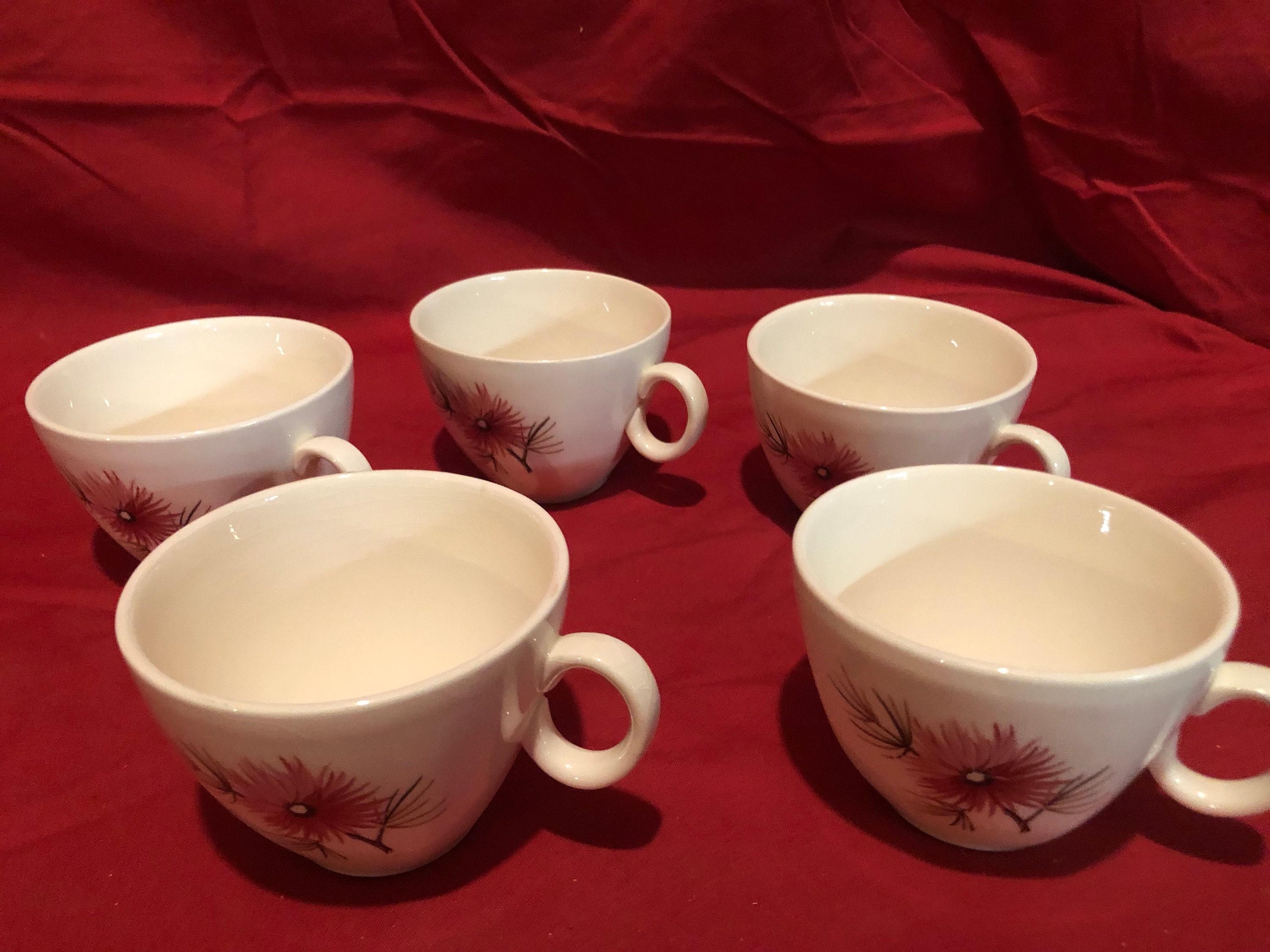 Edwin Knowles Midcentury Coral Pines Coffee/Tea Cups K4090 Set of Five