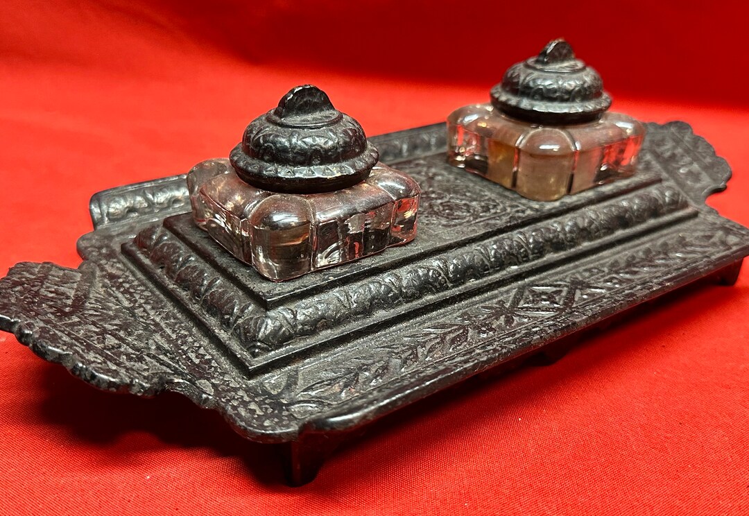 Vintage Black Cast Iron Double Ink Well With Two Clear Glass Inks With ...
