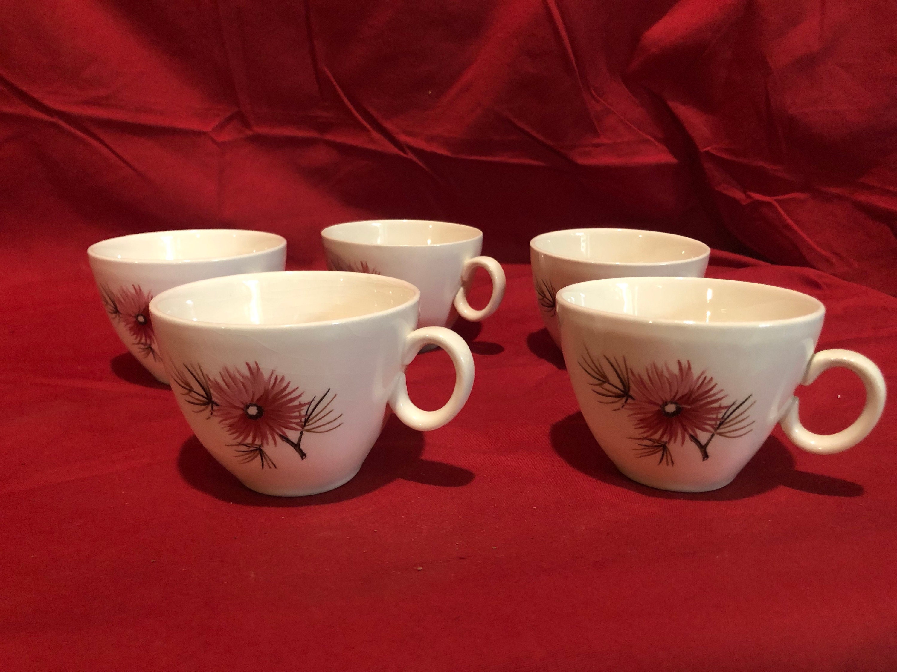 Edwin Knowles Midcentury Coral Pines Coffee/Tea Cups K4090 Set of Five