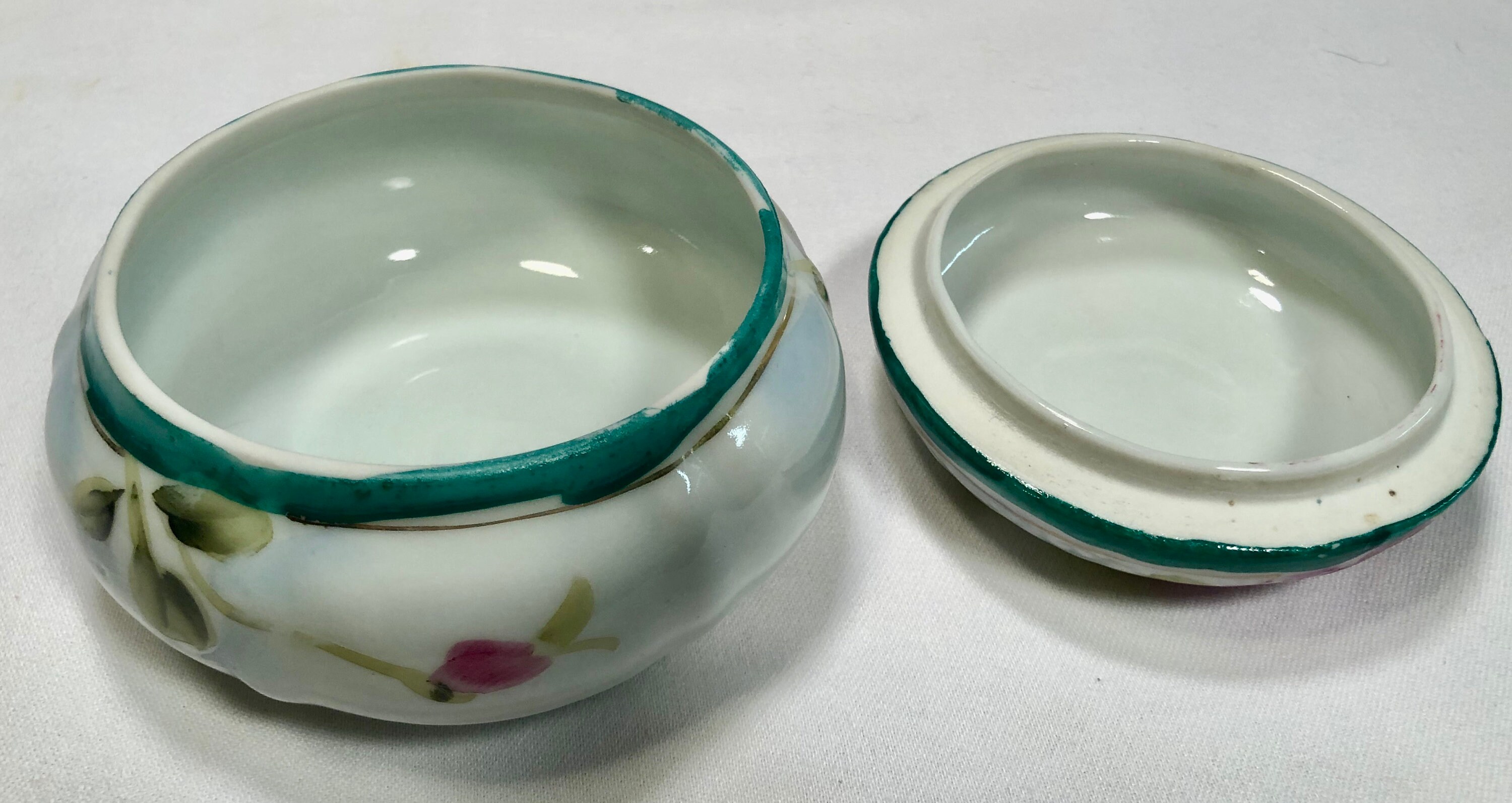 Vintage Porcelain Powder Box/Jewelry Dish with Hand Painted Roses- Japan