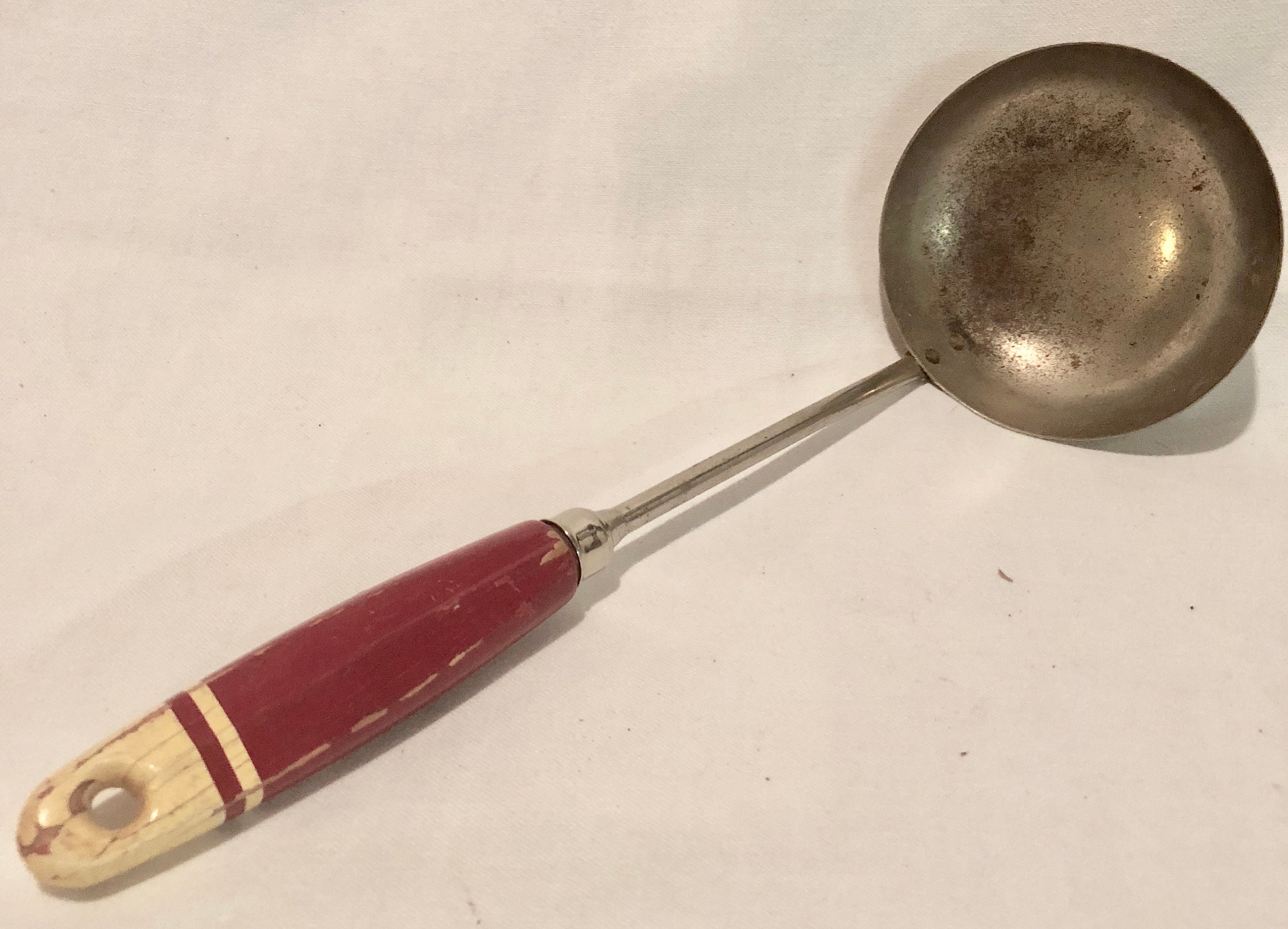 Midcentury Kitchen Ladle with Original Red/Cream Painted Wooden Handle