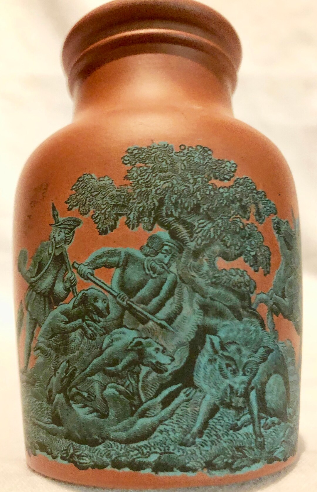 Antique Prattware Red Clay Meat Paste Jar Boar Hunt Scene Circa 1860's ...