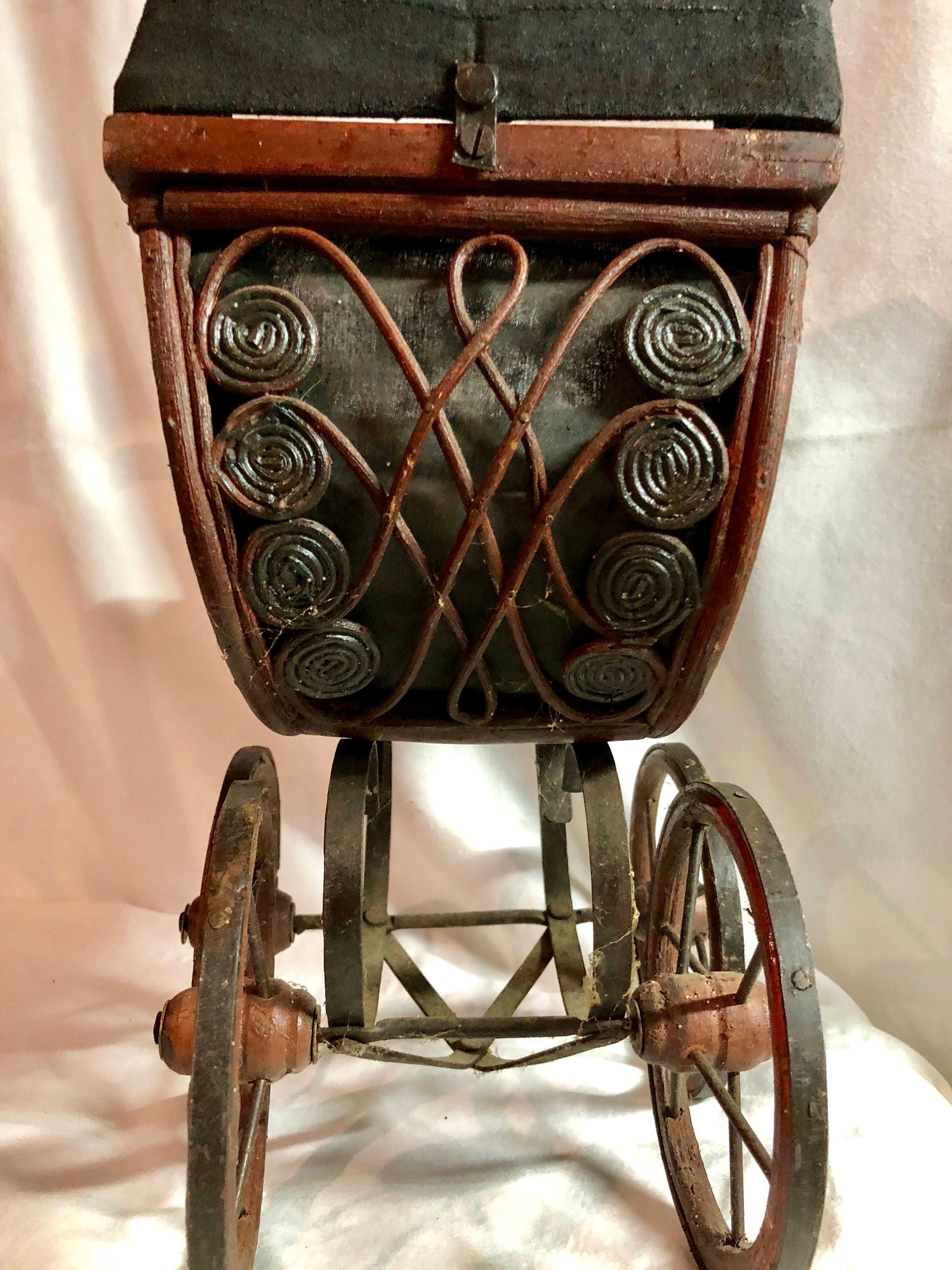 Victorian Wicker Rattan Doll Stroller Pram With Wooden And Metal Wheels