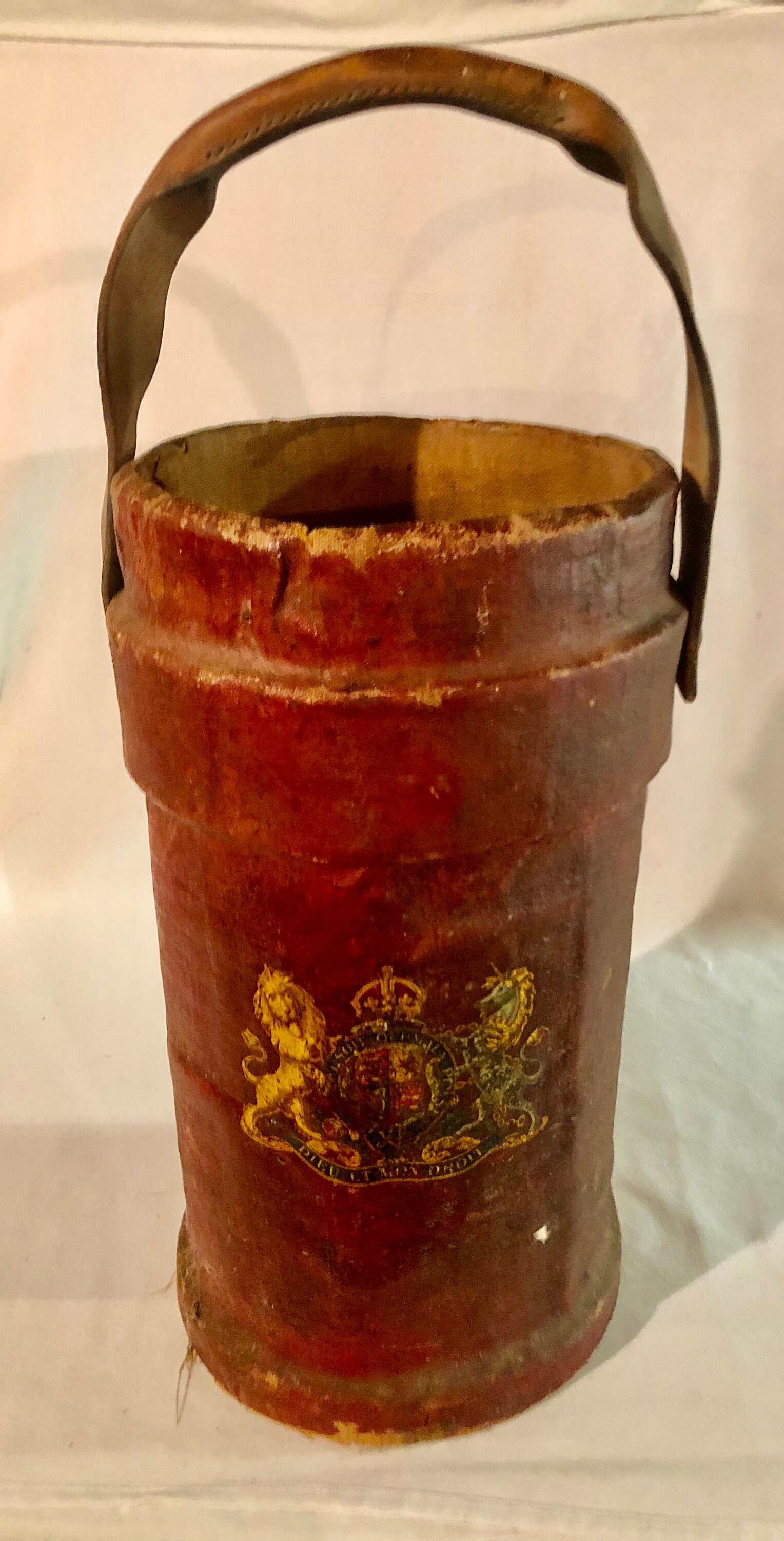 Antique Red Canvas/Leather English Fire Bucket with Coat of Arms Crest