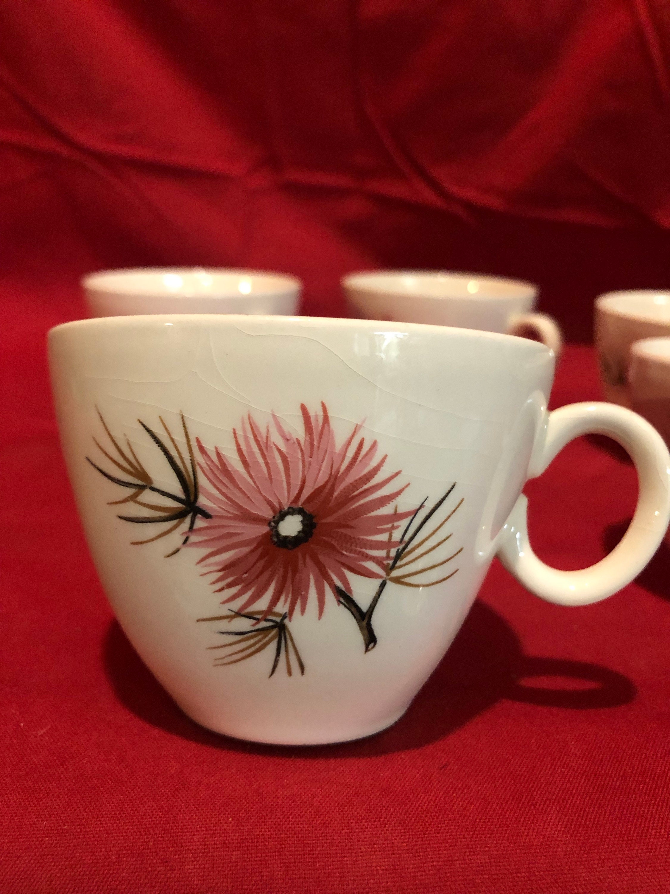Edwin Knowles Midcentury Coral Pines Coffee/Tea Cups K4090 Set of Five