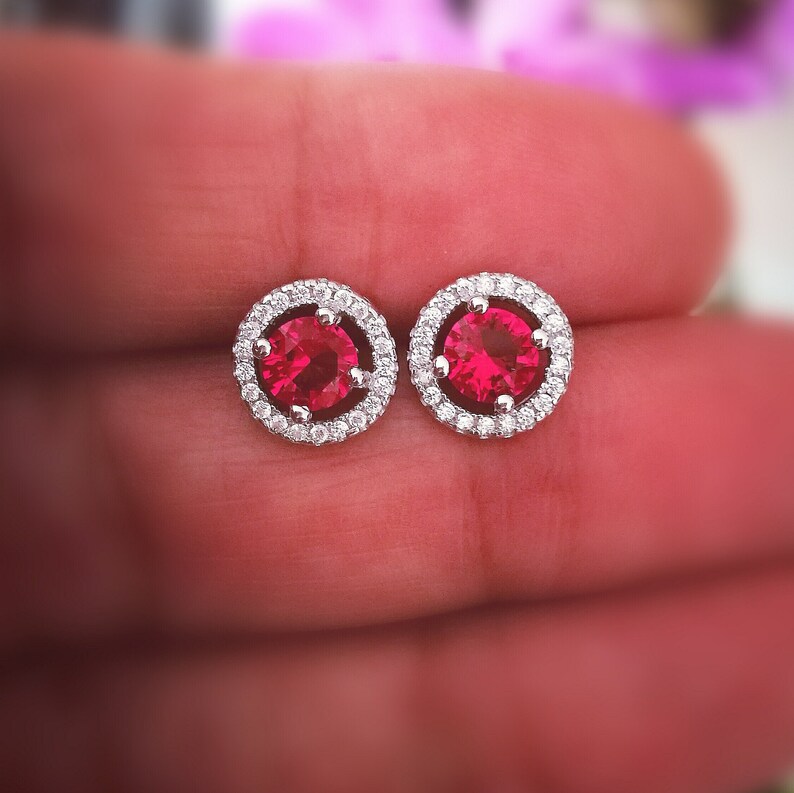 Red Ruby With White Diamond Halo Earrings in 14K White Gold | Etsy