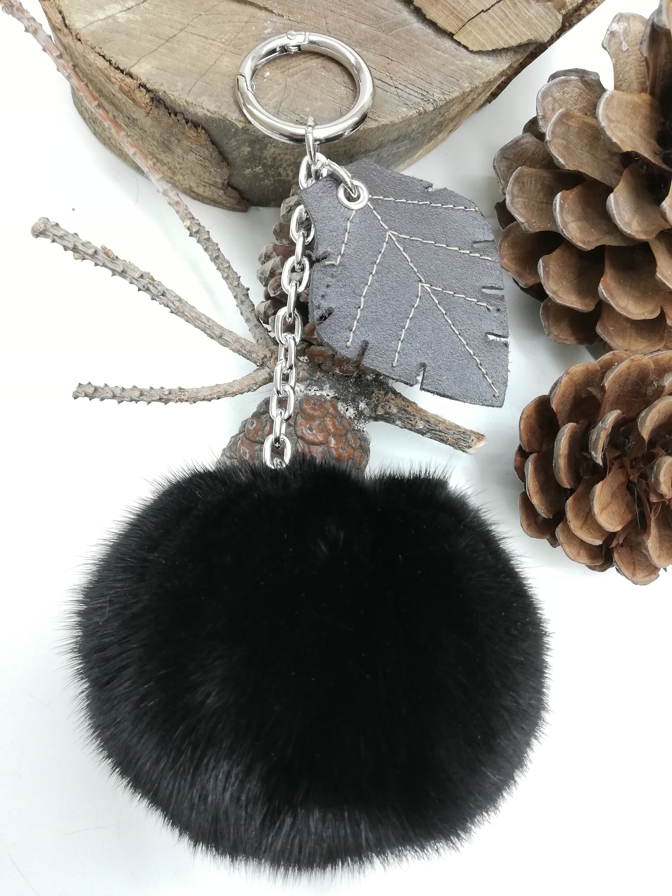 Real mink fur bag charm pompom black color, pompom keychain with brown ...
