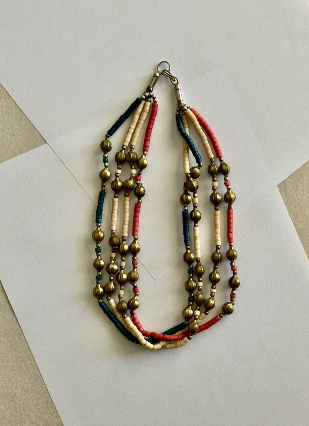 Multi-strand Bead Necklace * Stone and Wood Cylinder Beads and Bell ...