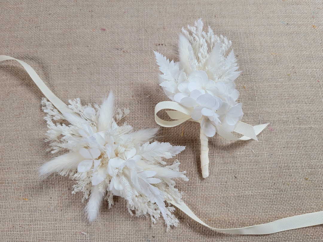 Preserved White Hydrangea Corsage: Boho Dried Flower Wedding Wristlet ...
