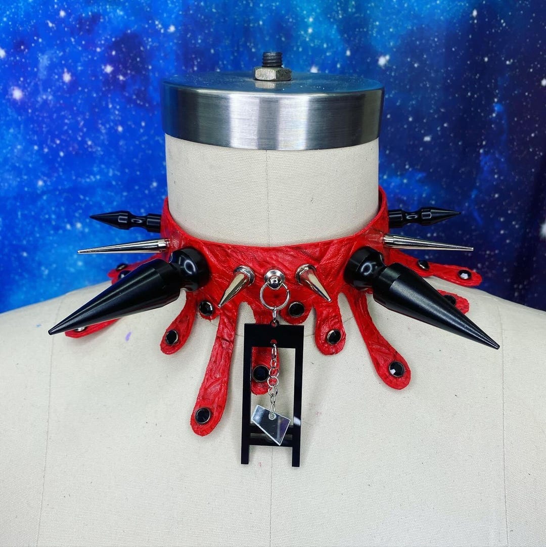 Blood Drip Textured Red Vinyl Guillotine Rhinestone Rivet Spiked Collar ...