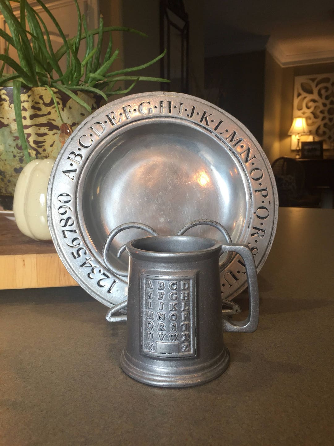 Vintage Childs First Pewter Alphabet Set-plate & Cup Set- ABC Plate ...