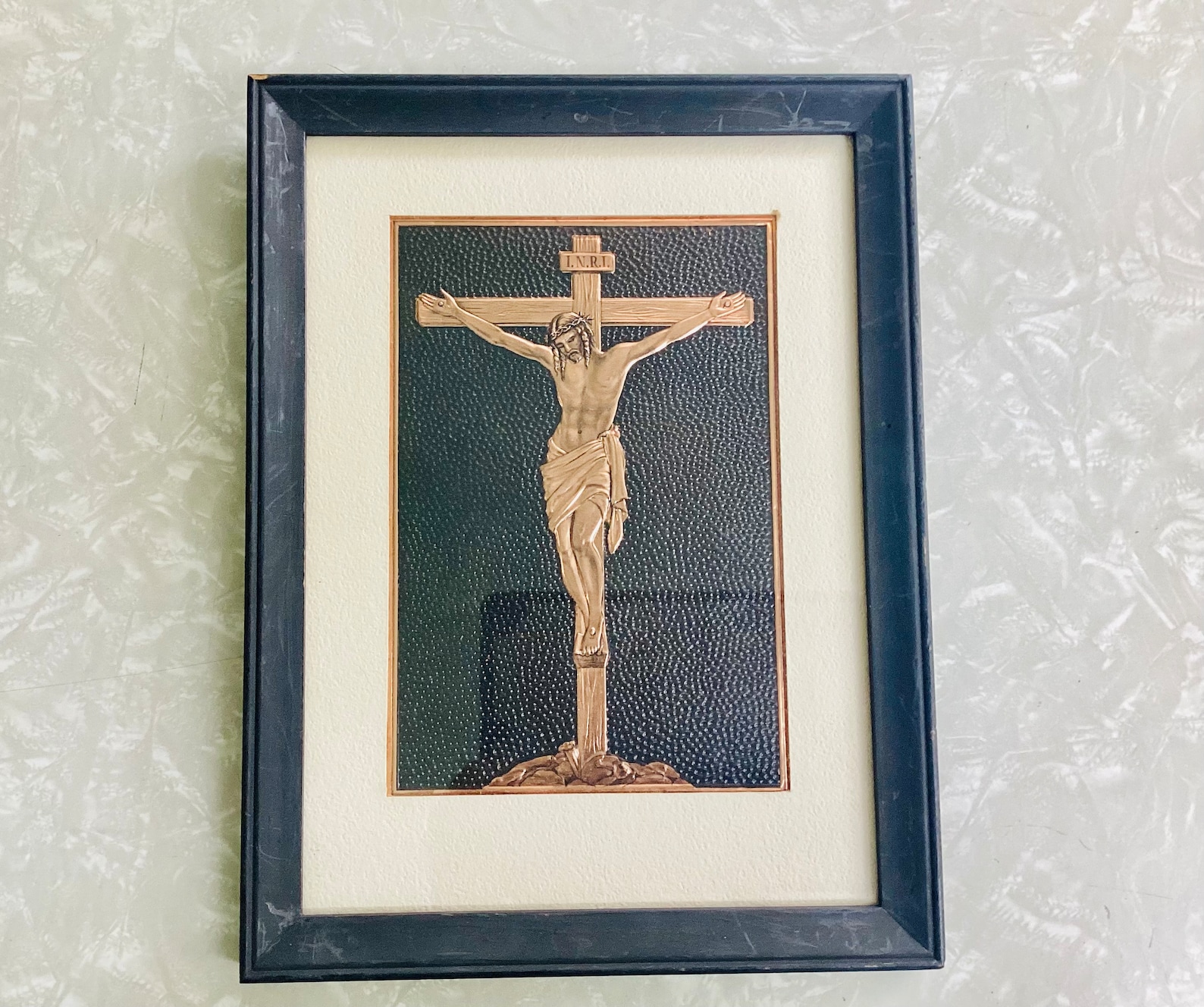 Vintage Cross Crucifix, Copper Relief, Wood Frame, Religious Decoration ...