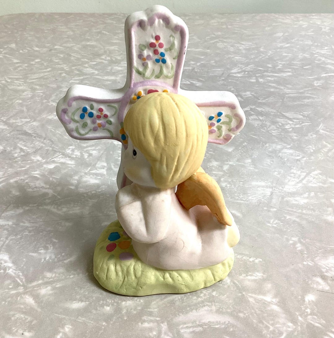 Praying Baby Angel and Cross, Ceramic Religious Statue Figurine Knick ...
