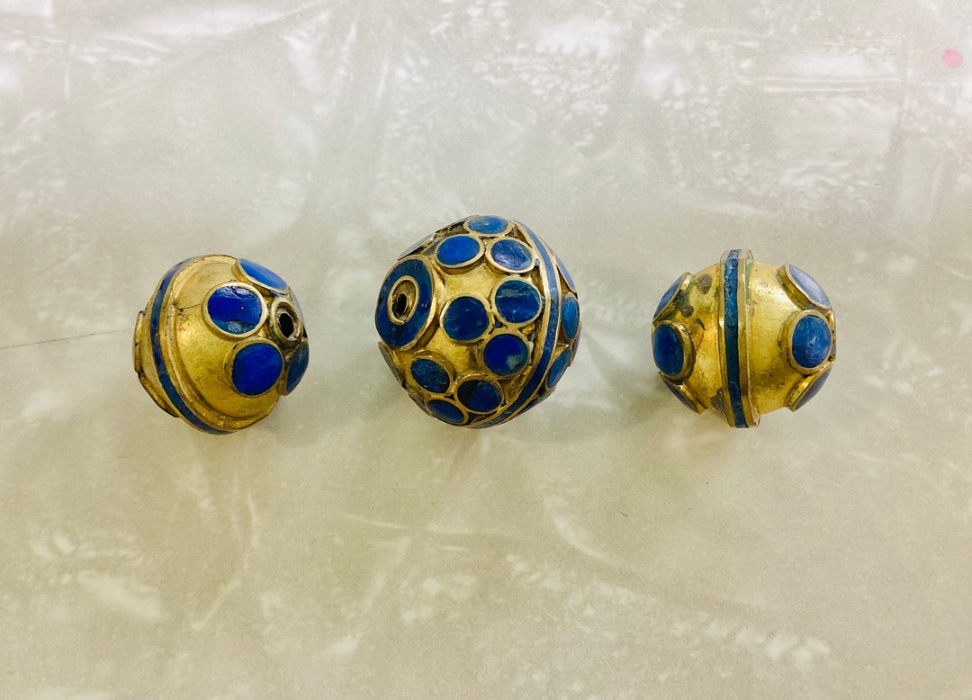 Set of 3 Lapis Lazuli Inlay Round Brass Beads, Stone Inlay Brass Beads ...