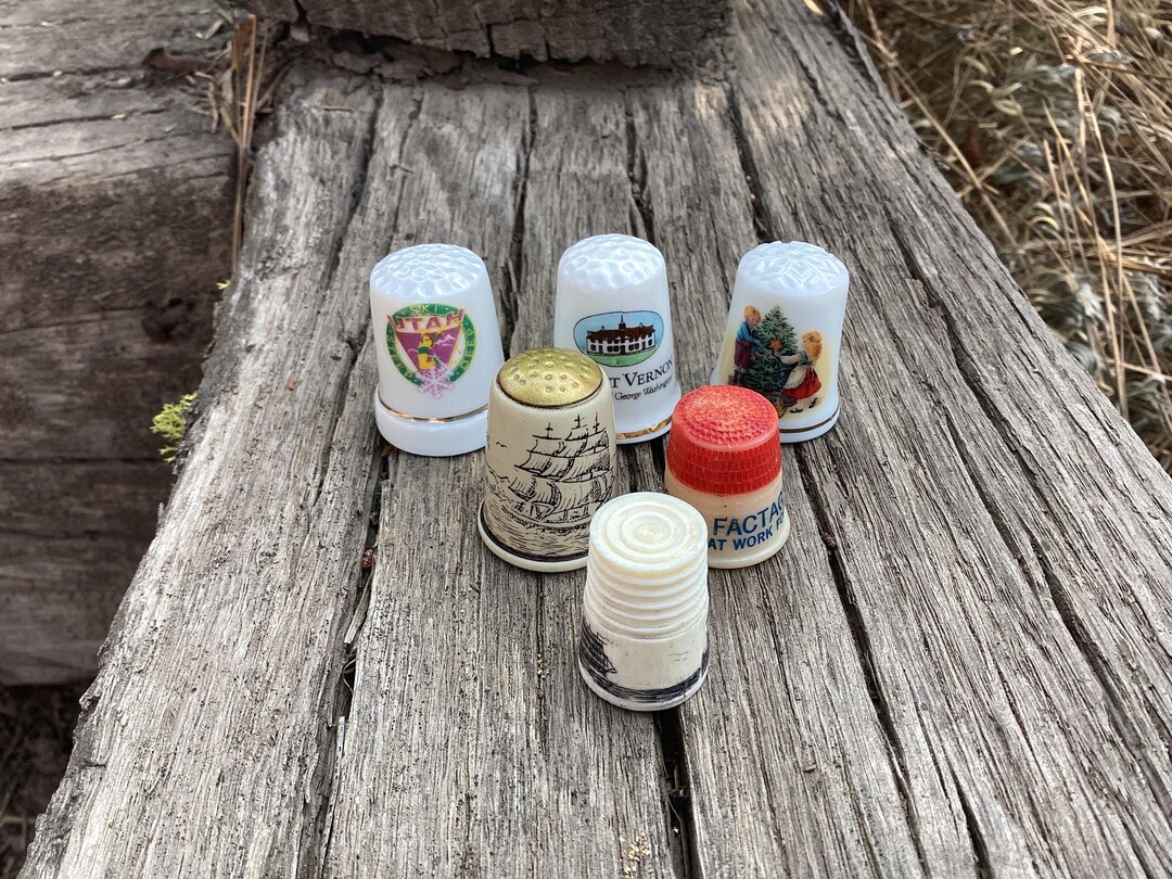 6 Vintage Sewing Thimbles, World War 2, Bone China, Scrimshaw ...