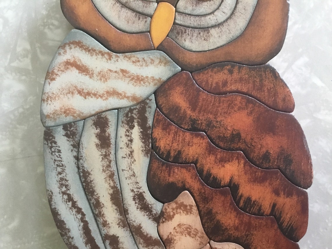 Intarsia Wood Owl Wall Art 11 Tall Handmade - Etsy