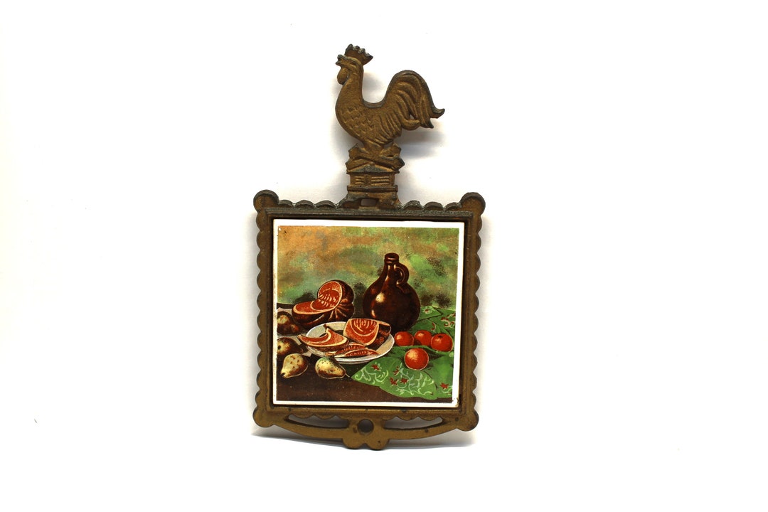Vintage Cast Iron Rooster Trivet: Fruit Tile Center, Footed - Made in ...