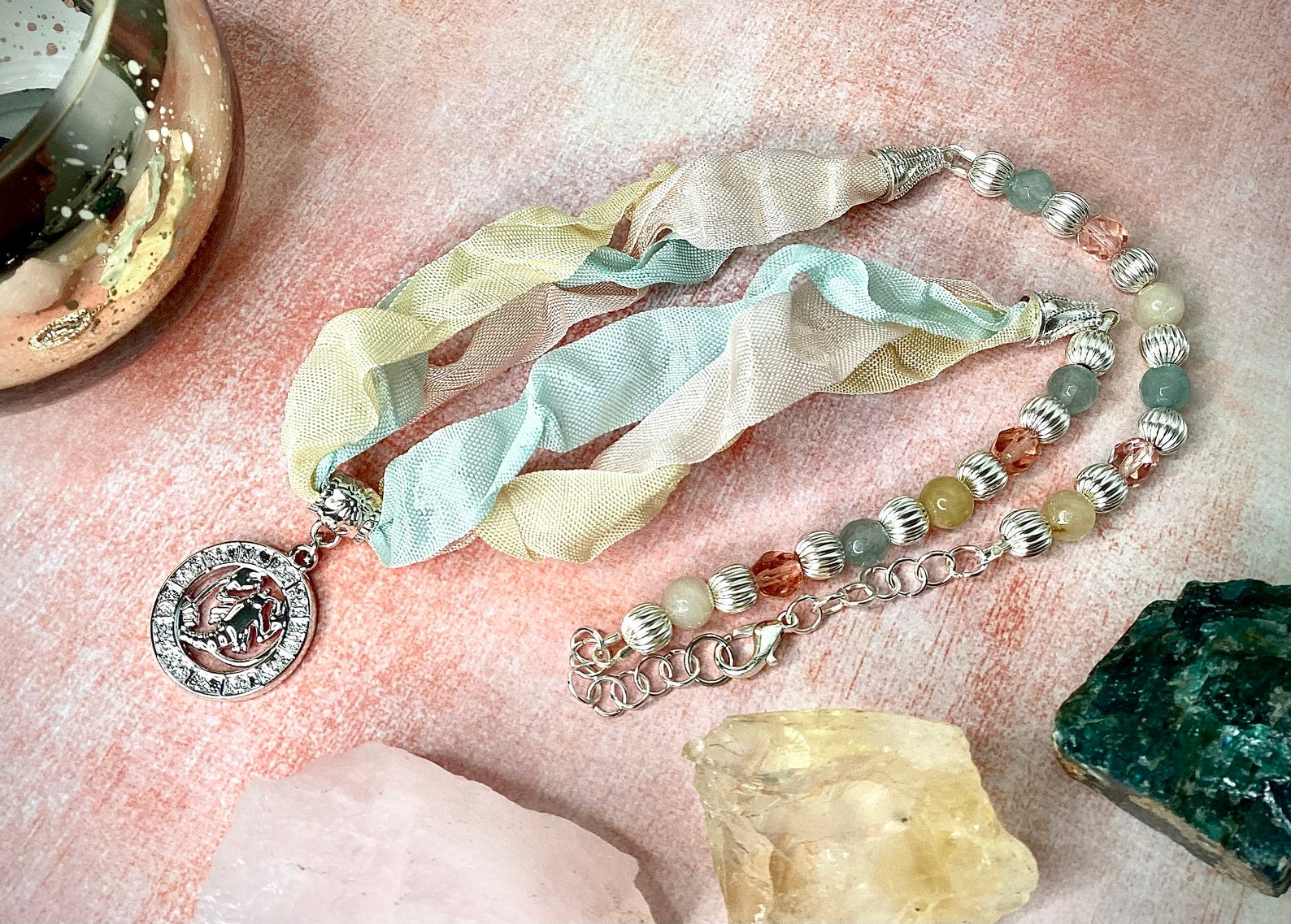 Cancer Gemstone Ribbon Amulet, Zodiac Crystal Necklace, Astrology Sun ...