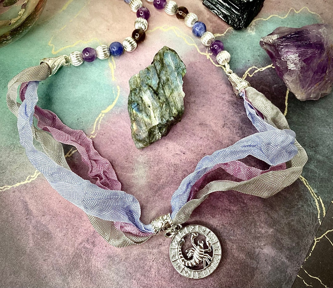 Scorpio Gemstone Ribbon Amulet, Zodiac Crystal Necklace, Astrology Sun ...