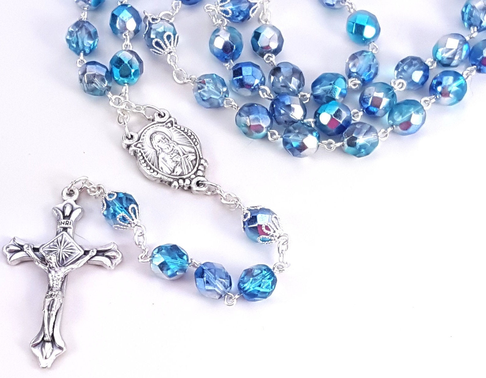 Aqua Silver Blue Rosary Blue Rosary Firepolished Catholic - Etsy