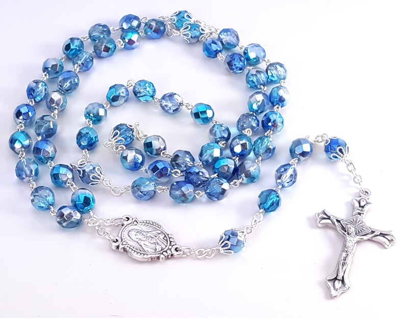 Aqua Silver Blue Rosary Blue Rosary Firepolished Catholic | Etsy