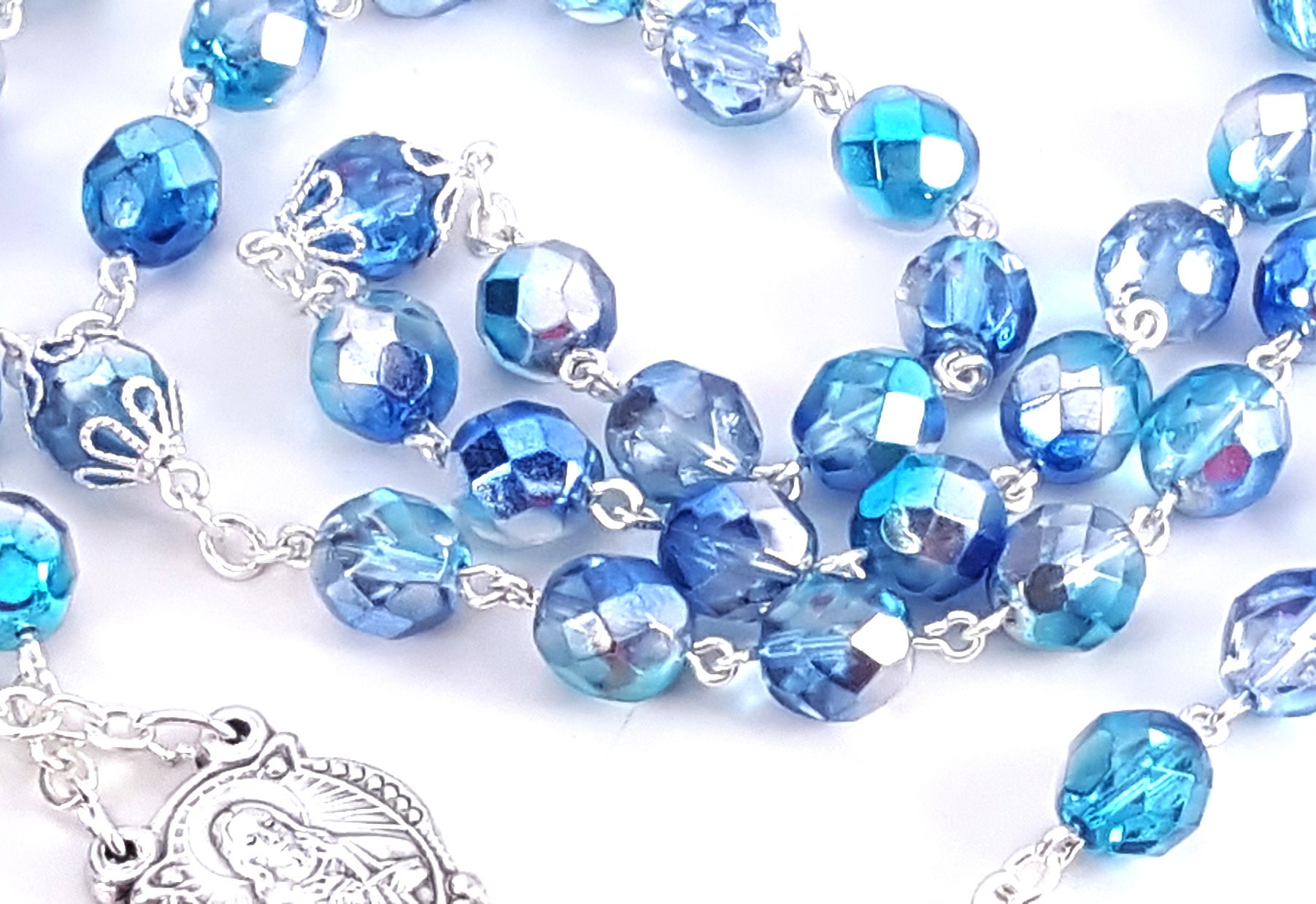 Aqua Silver Blue Rosary Blue Rosary Firepolished Catholic - Etsy