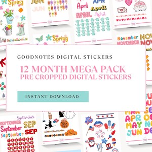 12 Month Mega Pack Digital Stickers for Goodnotes. Yearly Digital ...