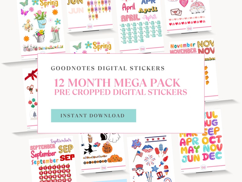 12 Month Mega Pack Digital Stickers for Goodnotes. Yearly Digital ...