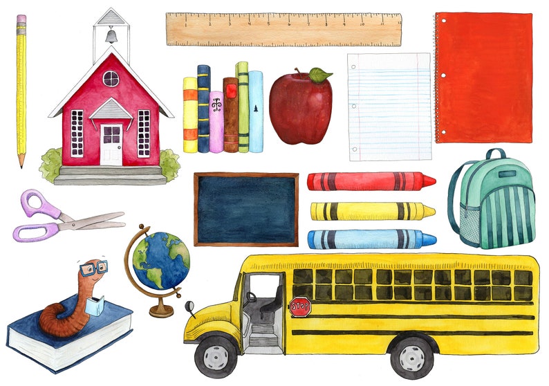 Back to School Watercolor Clip Art - School Clipart - Watercolor ...