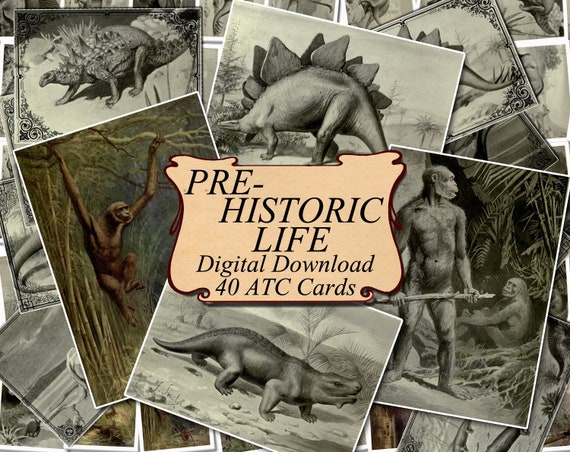 PREHISTORIC LIFE digital collage sheet 40 ATC cards | Etsy