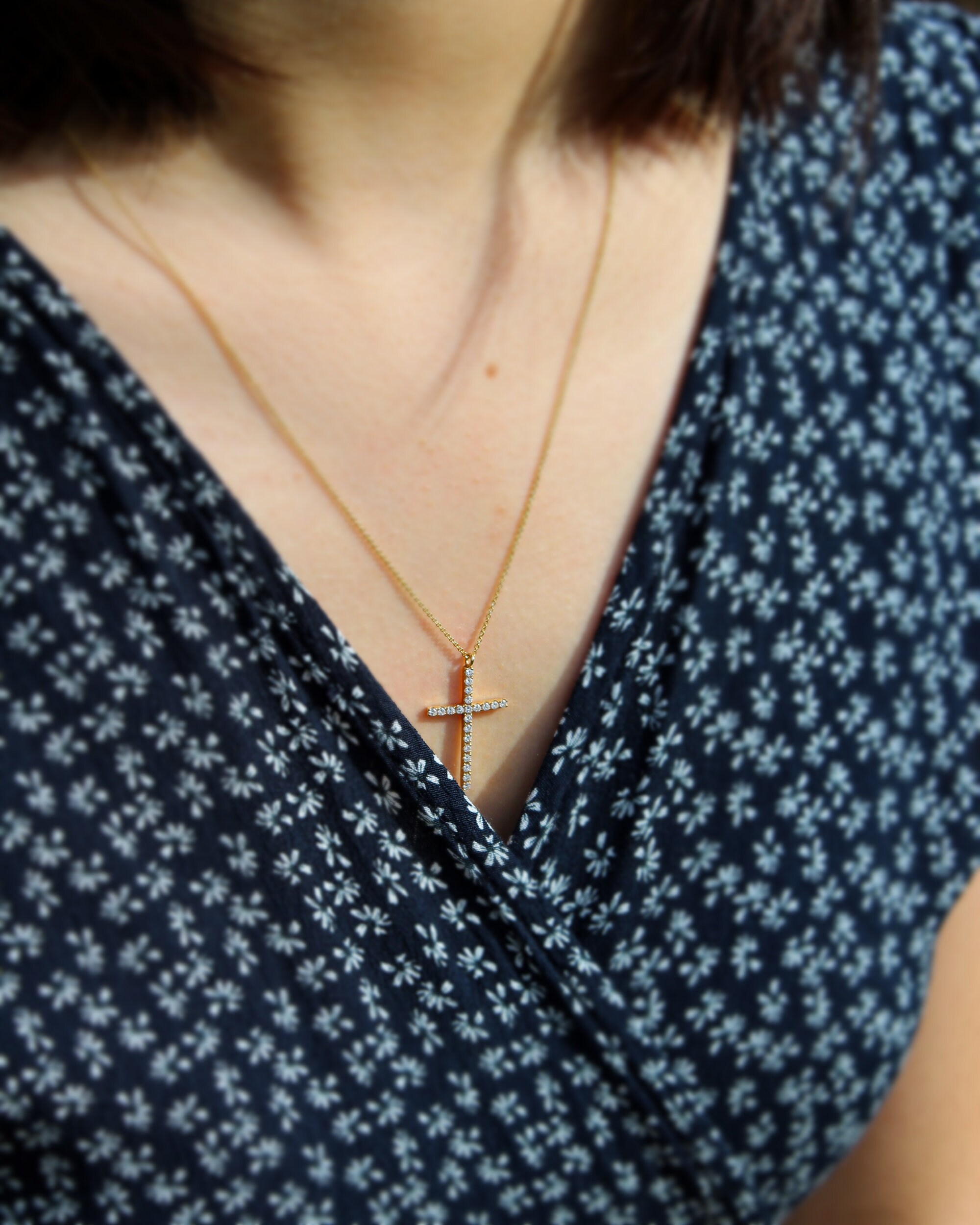 Long Cross Diamond Necklace Diamond 14k Cross Pendant | Etsy