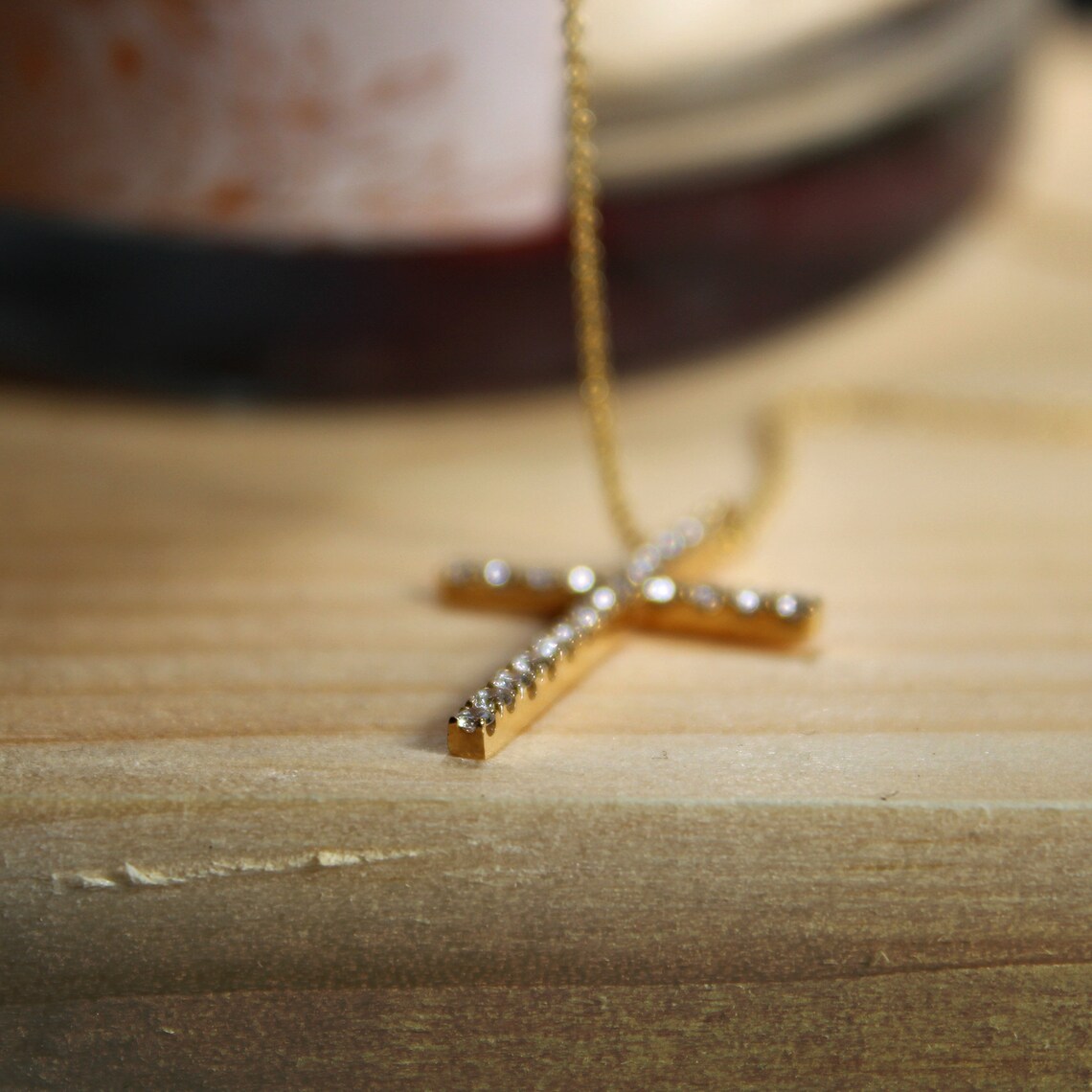 Long Cross Diamond Necklace Diamond 14k Cross Pendant - Etsy