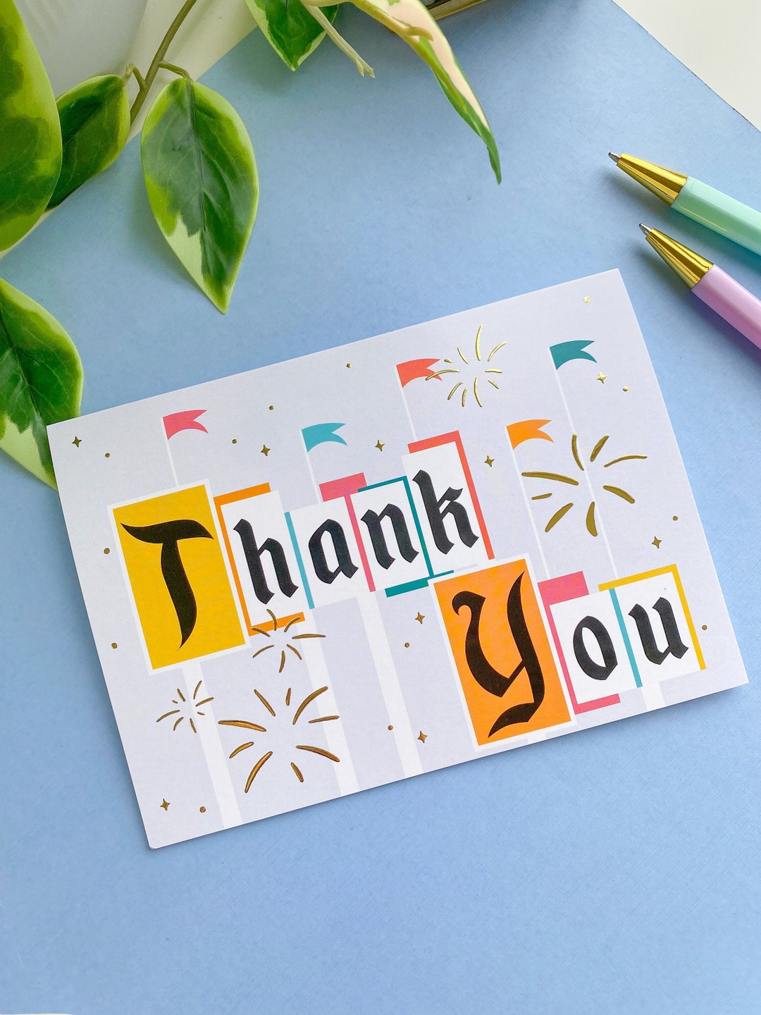 Thank You Fireworks Blank Card With Envelope/ 3 Pack Gold Foil Greeting ...