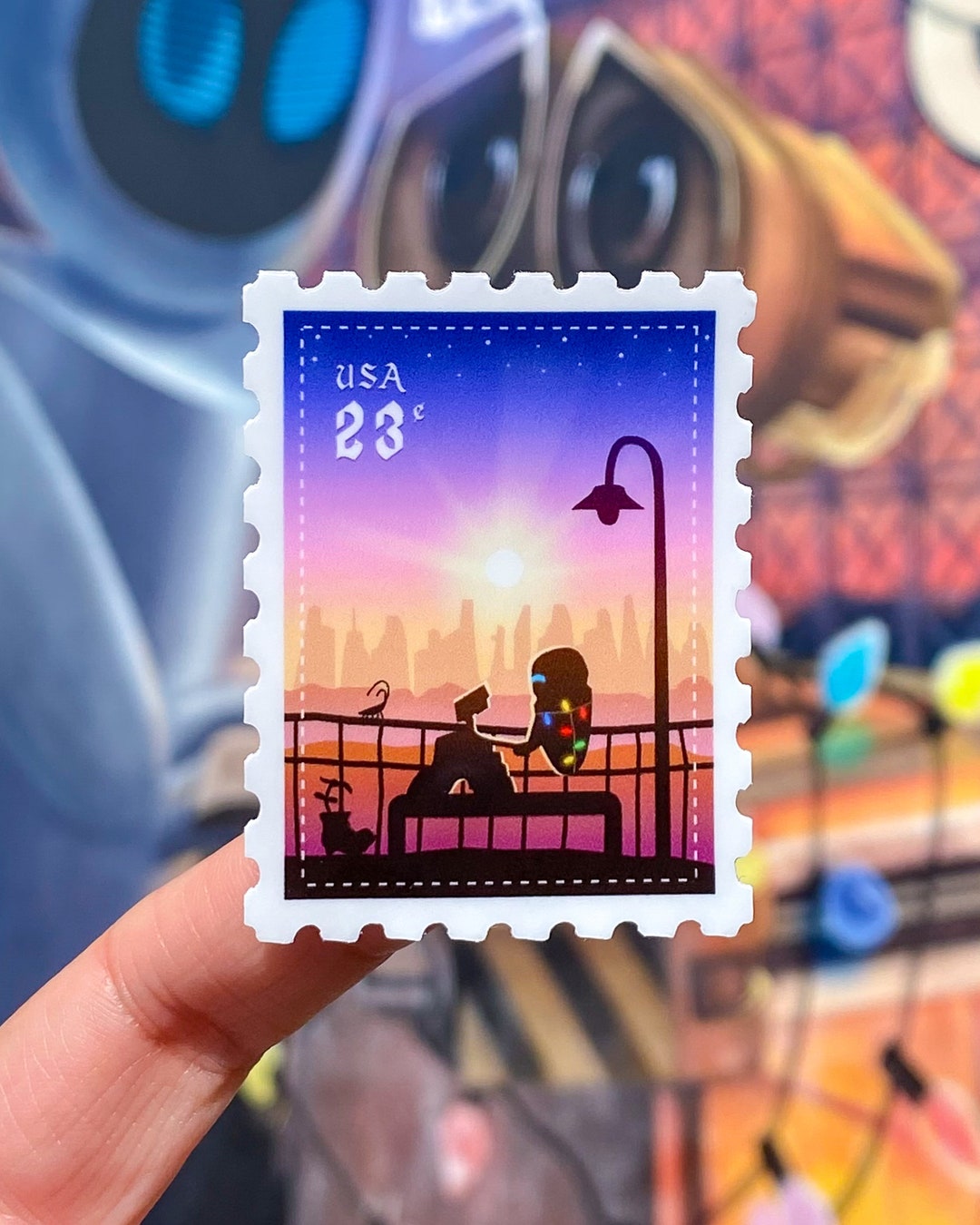 Wall-e & Eve Postage Stamp Sticker/ Walle Pixar Vintage Retro Disney ...