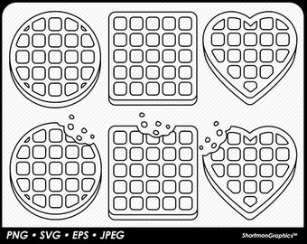 Waffles Vector Clipart Set / Outline, Stamp and Color Drawing Graphic ...