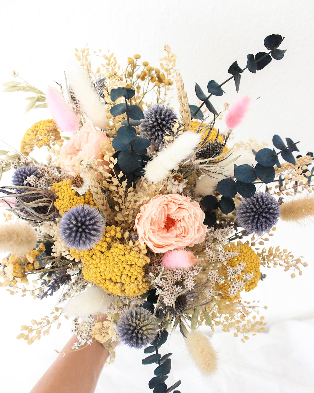 Peach Dream Blue Eucalyptus Bouquet / Soft Pink Peach Preserved Flowers ...