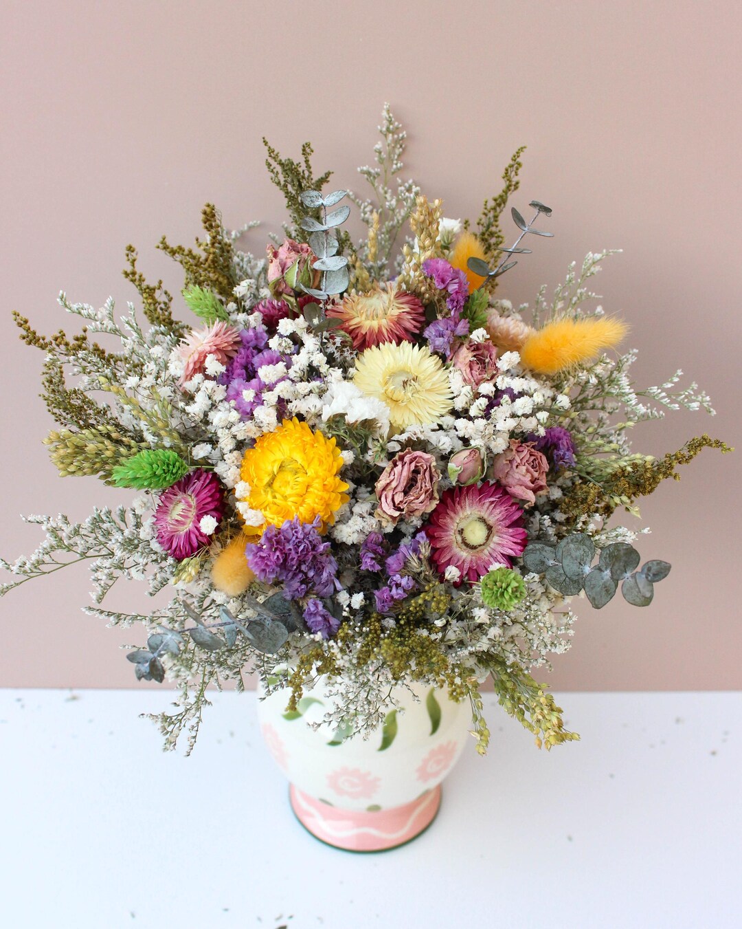 Spring Summer Wildflowers Bouquet / Pink, Yellow & Purple Strawflowers ...