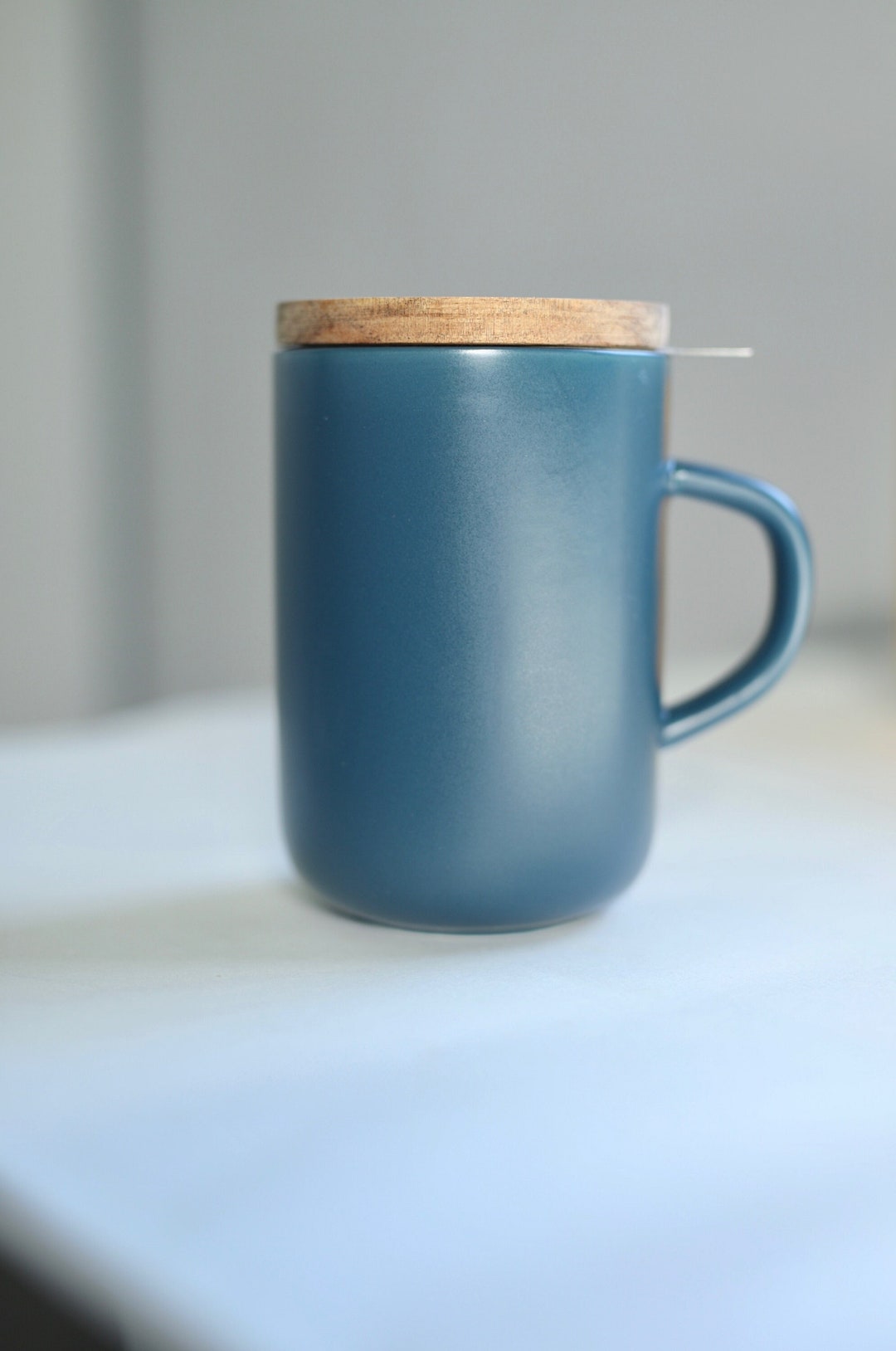 Large Blue Mug With Infuser and Wooden Lid, Stoneware Cup, Tea Mug ...