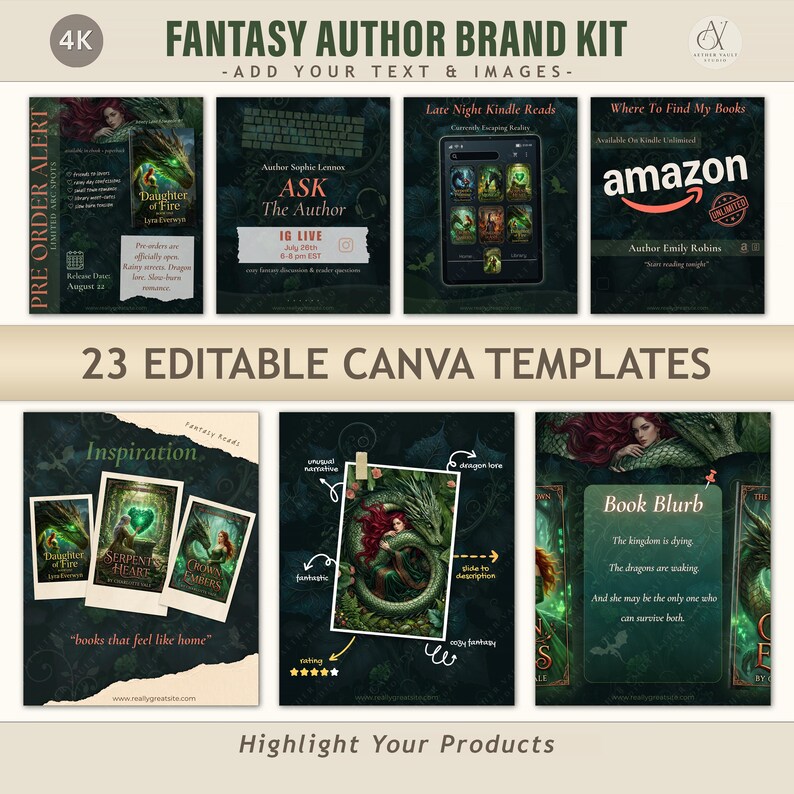 Fantasy Author Brand Kit, Canva Templates for Authors, Fantasy Romance ...