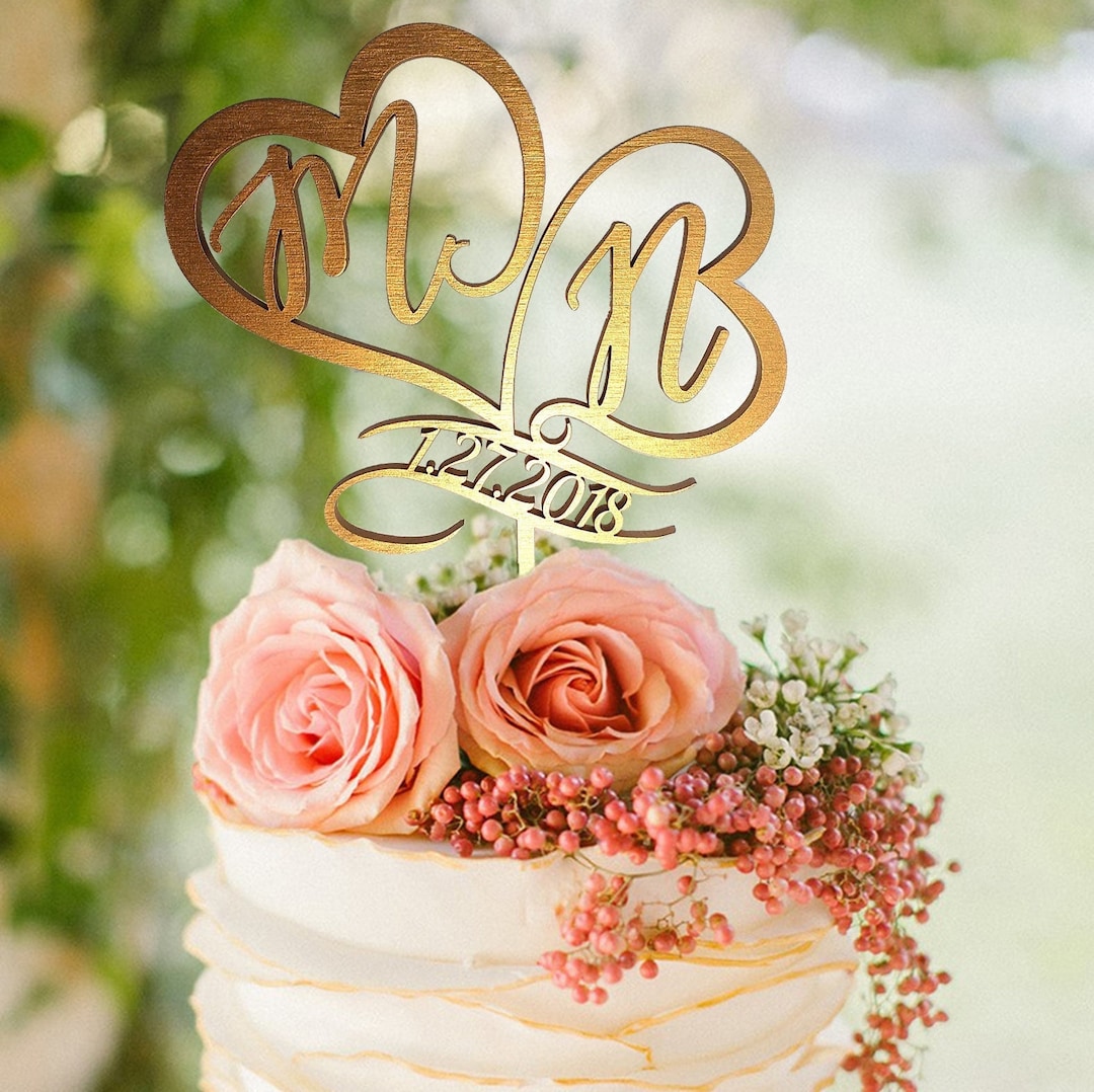 Two Hearts Monogram Cake Topper Gold Cake Topper Date Letter M Topper ...