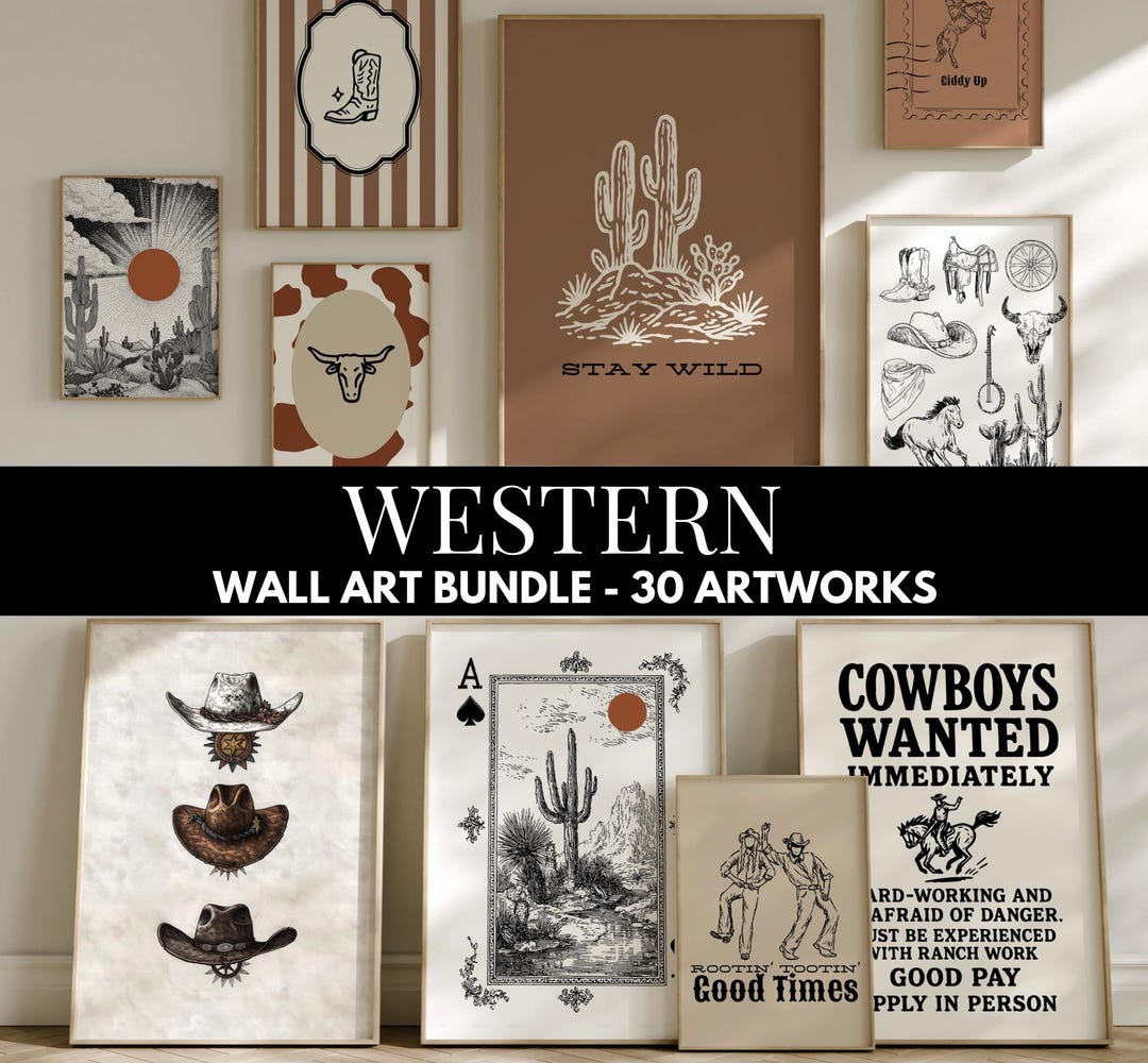 Western Printable Poster Set With Cowboy Boots, Cattle Skull, Hoedown ...