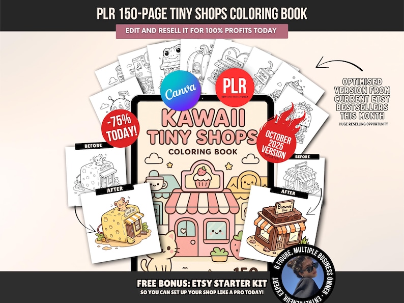 150-page Tiny Shops Colouring Book, Editable Canva Template, PLR Resell ...