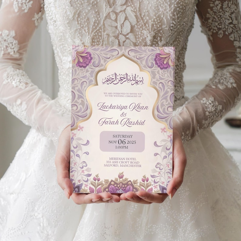 Elegant Islamic Nikkah Wedding Invitation: Purple Floral Canva Template ...
