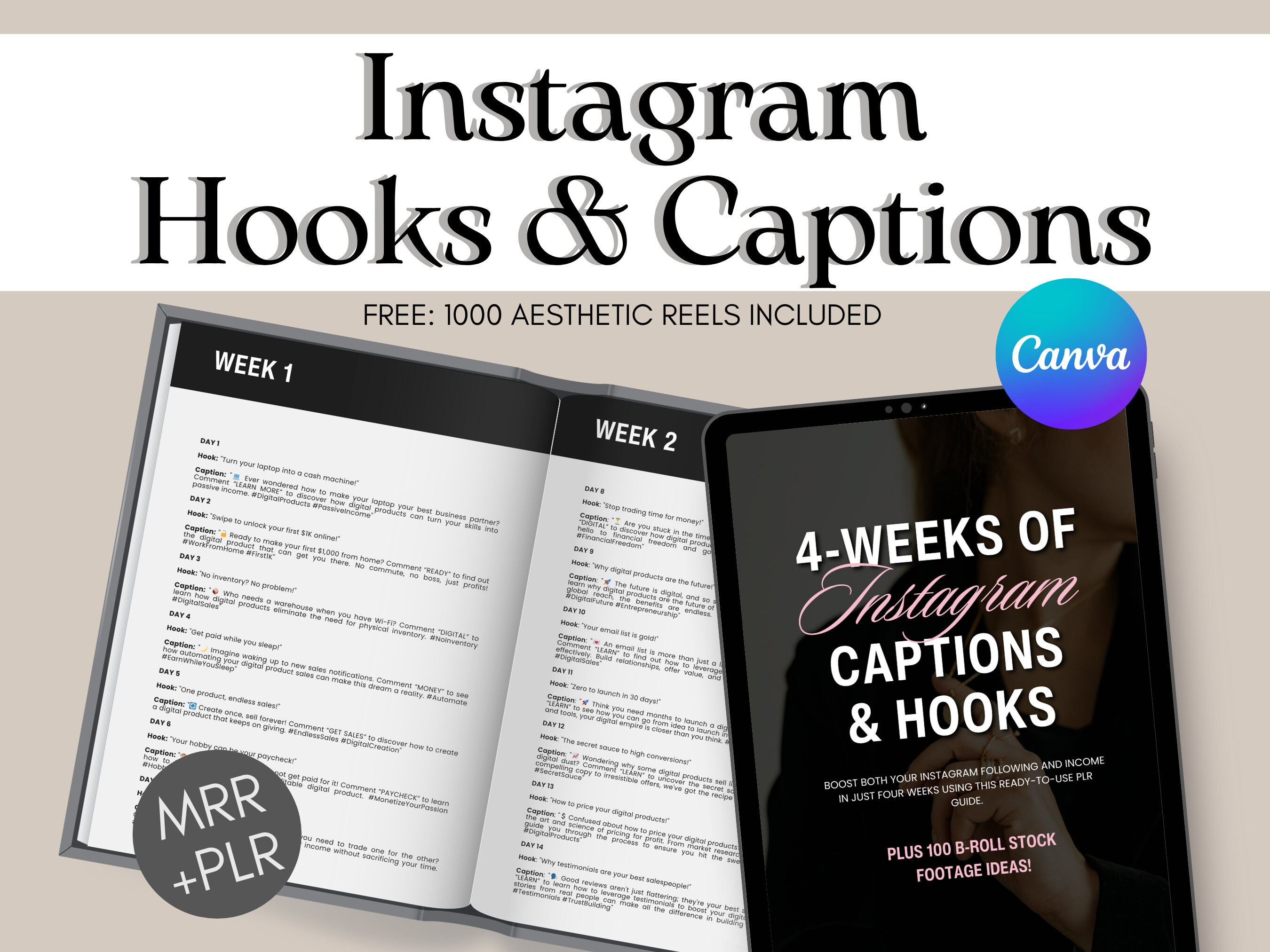 Instagram Reel Hooks & Captions Guide: PLR, MRR, Canva Template - Etsy