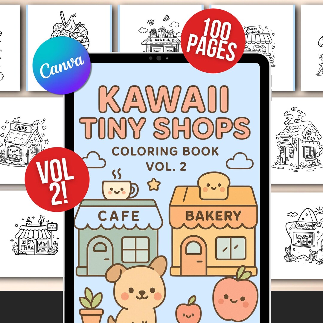 100-page Tiny Shops Colouring Book, Editable Canva Template, PLR Resell ...